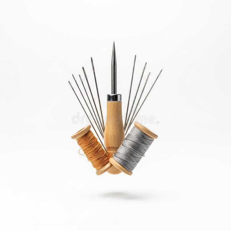Hand Sewing Awl Kit, Floating in Mid Air on a Solid White Background Stock Illustration ...