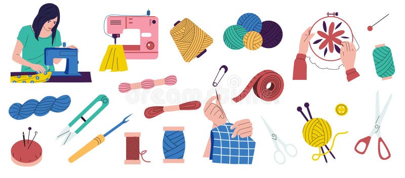 Hand Sewing. Needlework Tools with Handmade Embroidery, Colorful ...