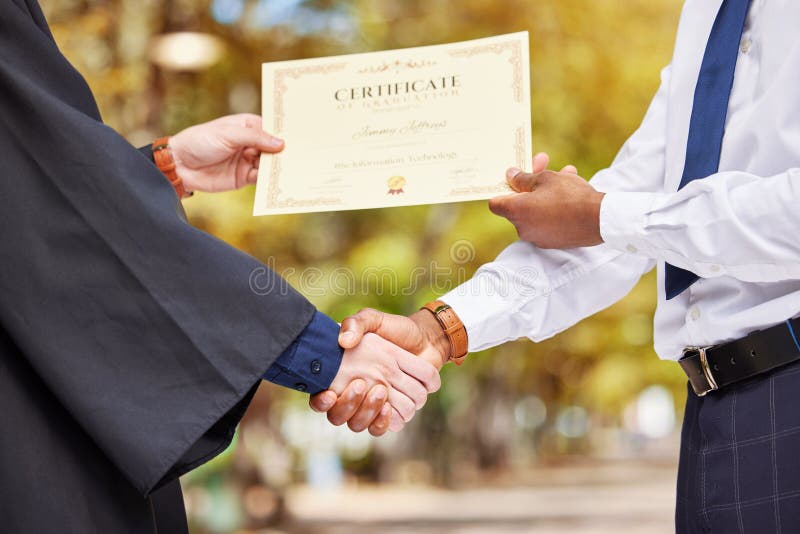 Hand Shake, Graduation and Certificate for College Student with ...