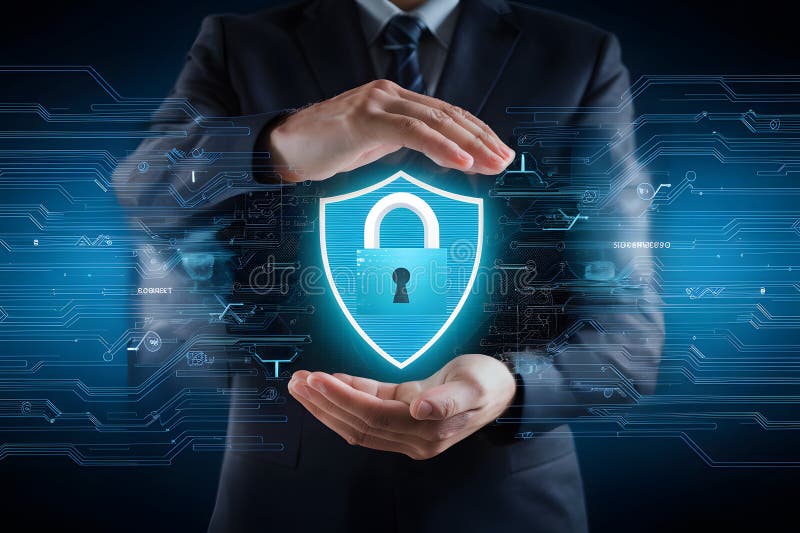 Hand Shields Blue Lock on Shield for Tech Security Concept Stock ...