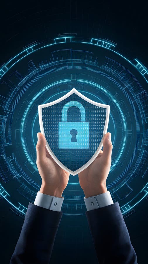 Hand Shields Blue Lock on Shield for Tech Security Concept Stock ...