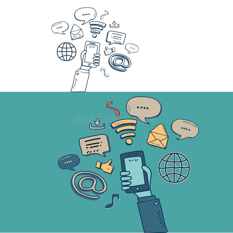 Hand Show Mobile and Social Media with Doodle Drawing Style Stock ...