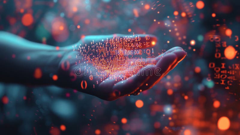 Hand Showcasing Vibrant Red Digital Data Particles Stock Image - Image ...