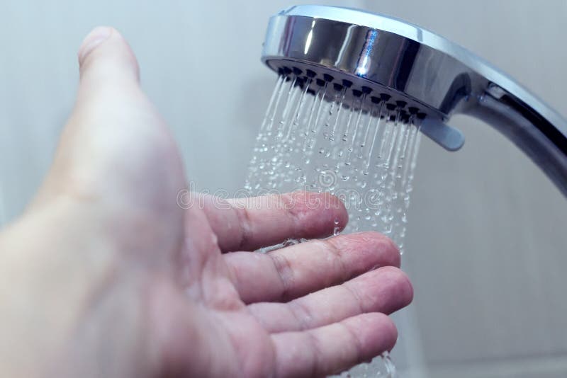 Hand in the Shower Test Water Temperature Stock Photo - Image of hose ...