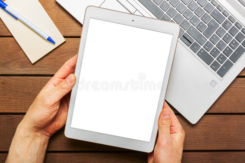 Hand Showing Digital Tablet Blank Screen on Work Desk Stock Photo ...