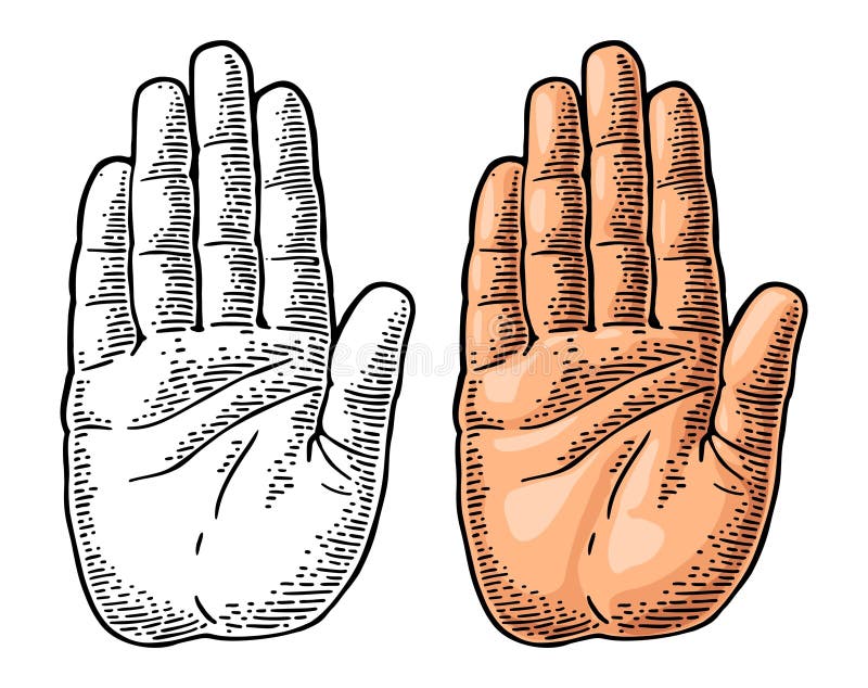Hand Showing Stop Gesture. Vector Color and Monochrome Vintage ... Hand Showing Stop Gesture. Vector Color and Monochrome Vintage ...