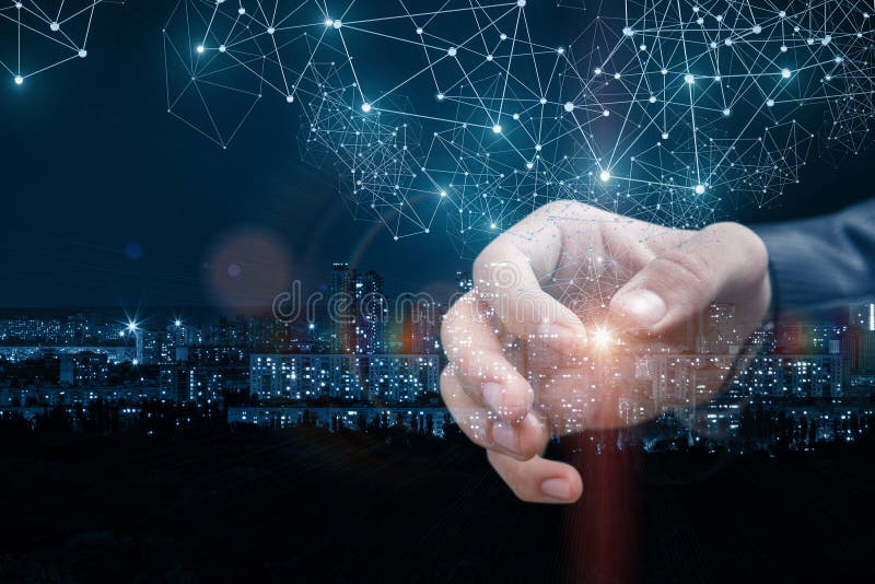 Hand Shows the Connection of the City Network . Stock Photo - Image of ...