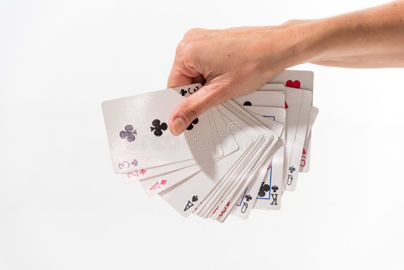 Hand with Shuffled Cards, White Background Stock Photo - Image of ...
