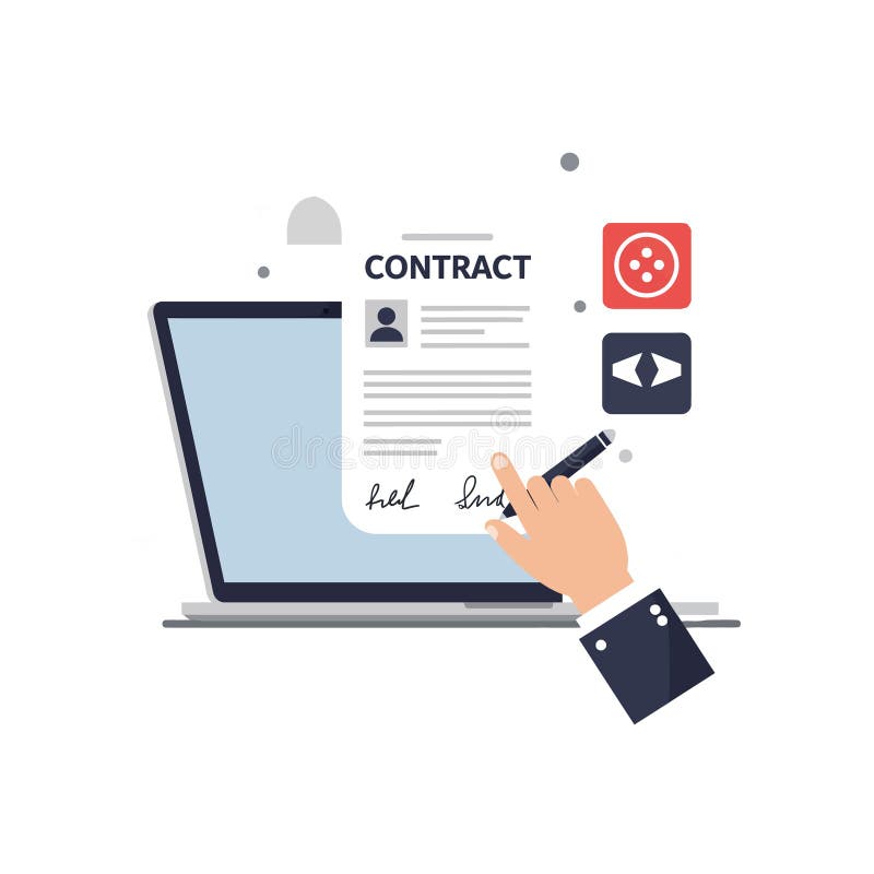 Hand Signing Contract Document on Laptop with Digital Icons Displayed ...