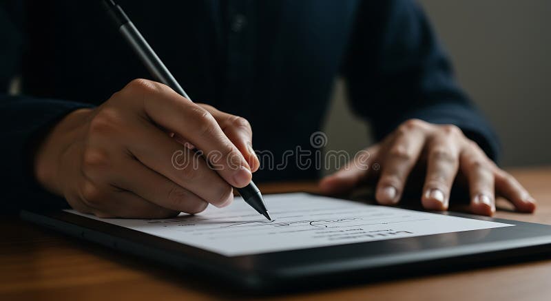 Hand Signing Digital Document on Tablet with Stylus Pen Stock ...