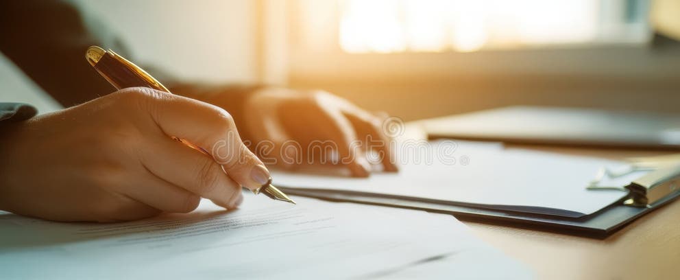 The Hand Signing a Document with a Pen in a Professional Workspace..AI ...