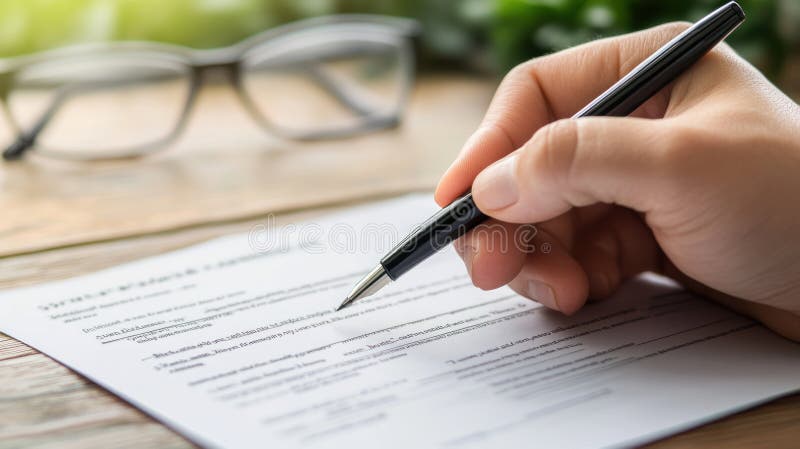 Hand Signing a Document with Pen on Wooden Desk Stock Illustration ...