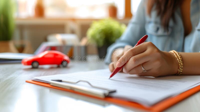 A Hand is Signing a Document with a Red Pen on a Desk, with a Focused ...
