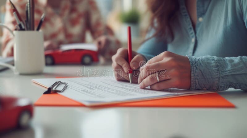 A Hand is Signing a Document with a Red Pen on a Desk, with a Focused ...