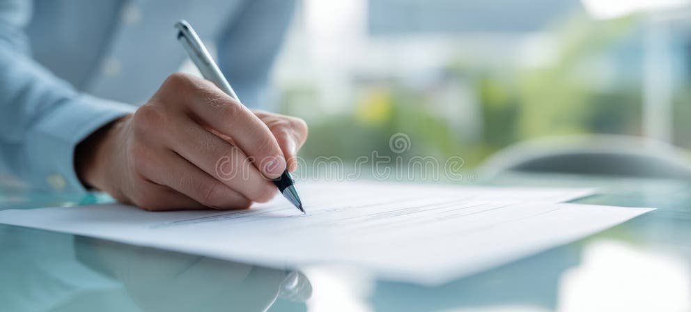 The Hand Signing Important Documents on a Glass Table in a Modern ...