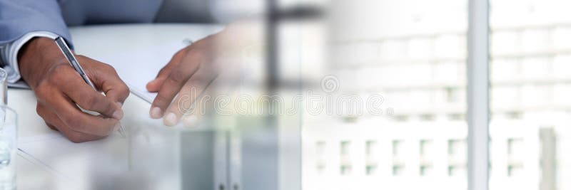 Hand Signing Paper Agreement with Buildings Transition Stock Image ...
