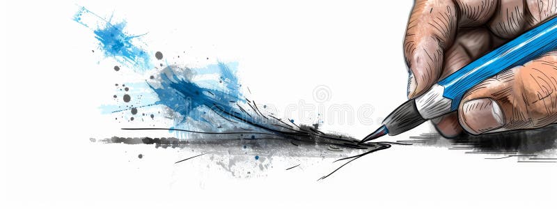 A Hand Sketch of Someone Writing with a Pen on a Blue Paper Stock ...