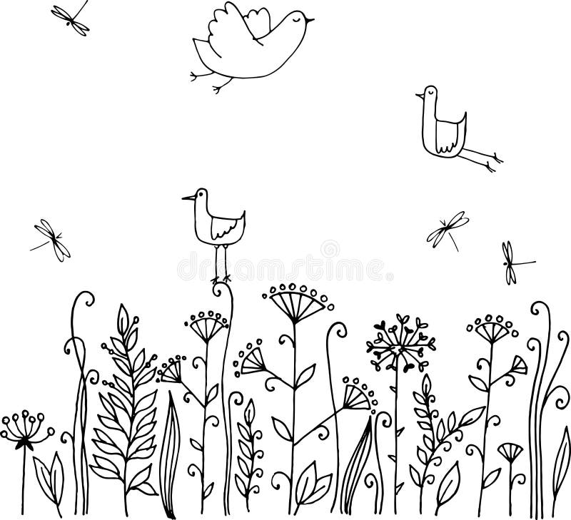 Hand Sketched Wild Flowers and Grass with Birds Stock Vector ...