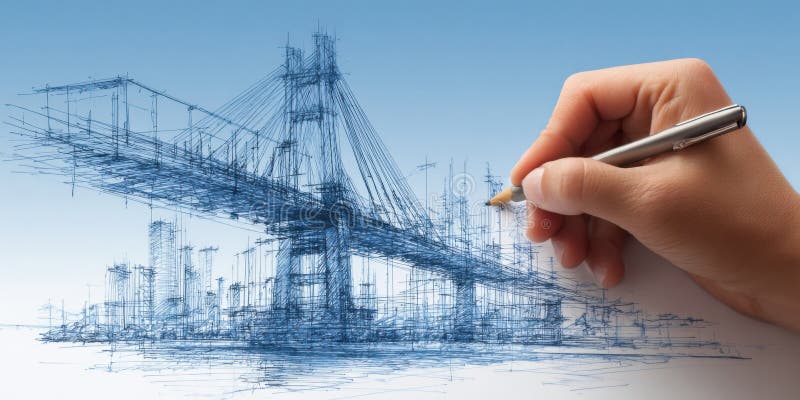 Hand Sketches a Bridge Design with Detailed Outlines and Structural ...