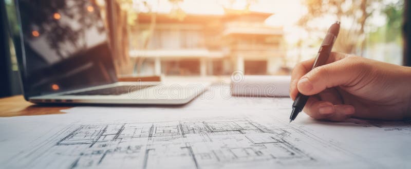 The Hand Sketches Building Plans with a Laptop in an Inspiring ...