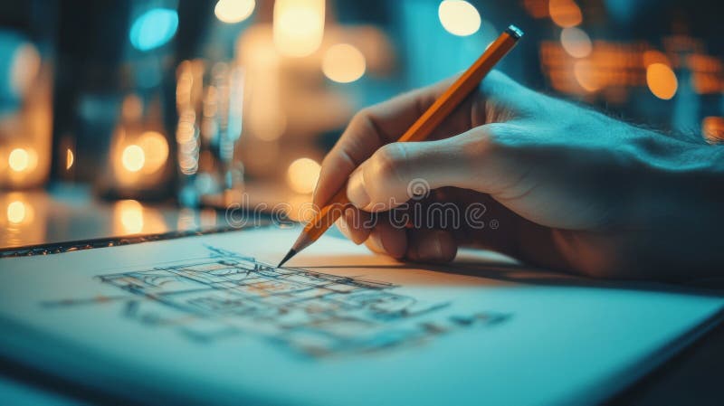 Hand Sketching Architectural Design Plans at Night Stock Illustration ...