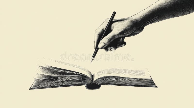 Hand Sketching in an Open Book with Pen Stock Illustration ...
