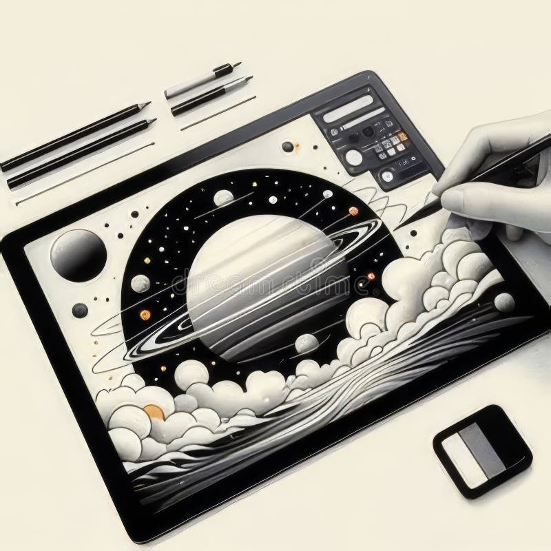 A Hand Skillfully Draws a Cosmic Scene on a Tablet, Featuring a Large ...