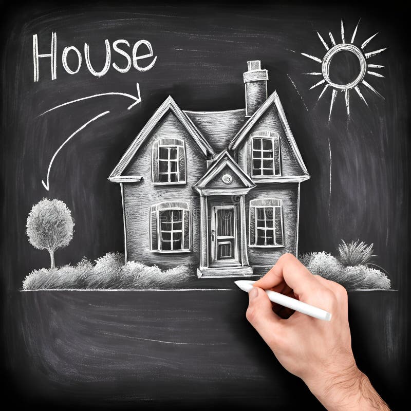 A Hand Skillfully Draws a House Sketch on a Blackboard Using Chalk ...