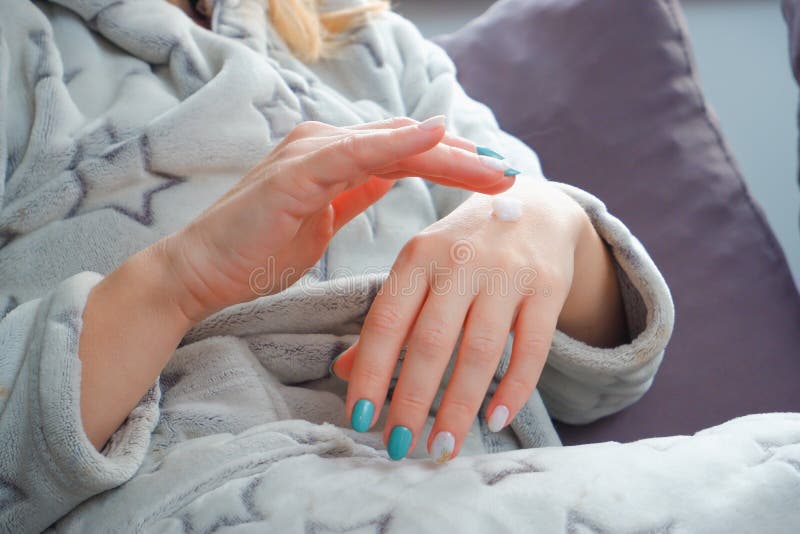 Hand Skin Care Cosmetology Concept Woman Applying Hand Cream After