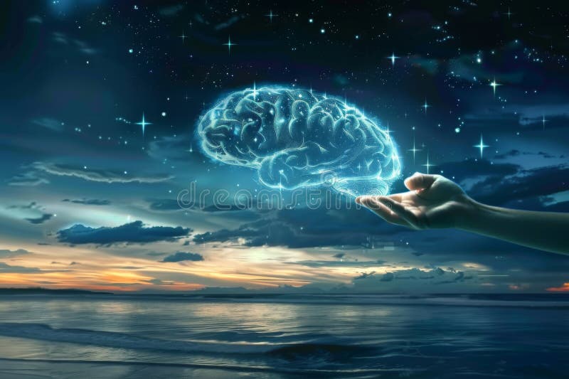 A Hand in the Sky Reaching Towards a Brain Symbolizes Connection and ...