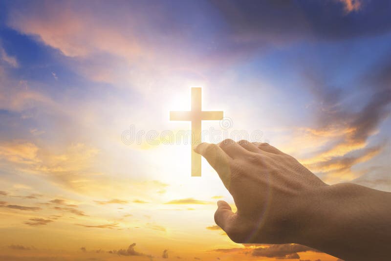 Hand and Sky at Sunrise and Cross Stock Image - Image of holy, church ...