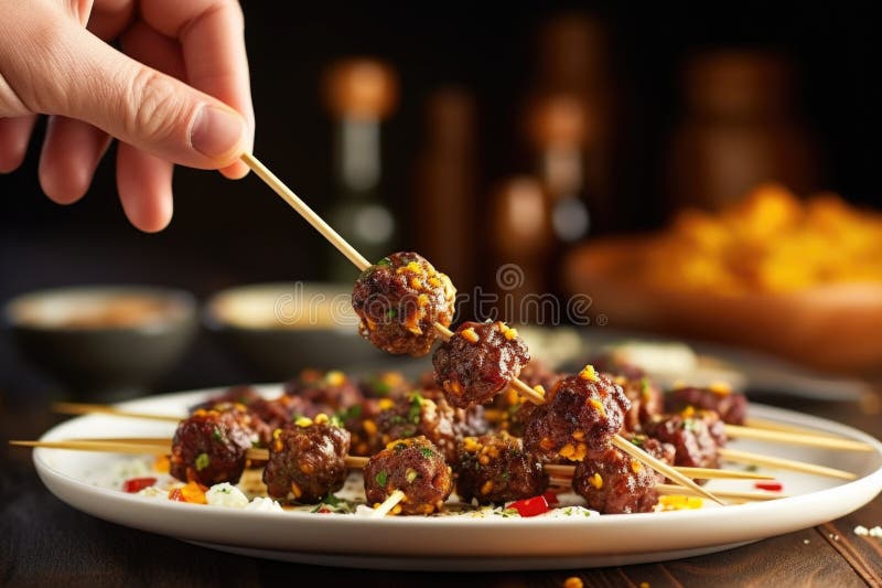 Hand Sliding Cooked Meatballs Off Skewer Onto a Dish Stock Photo ...