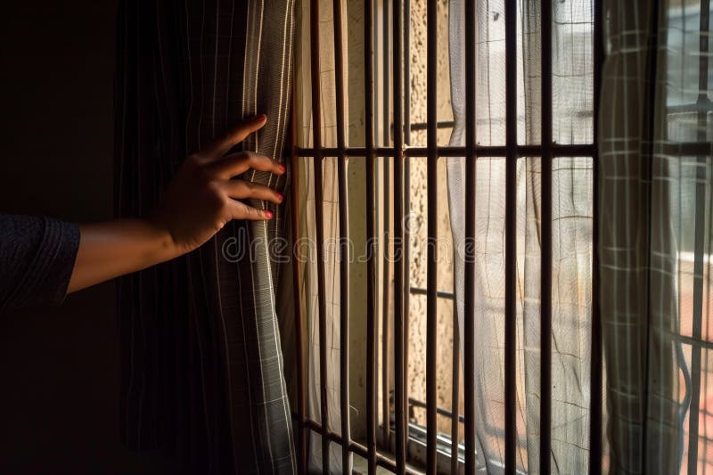 Hand Sliding Curtains Aside Revealing Window Bars Stock Image - Image ...