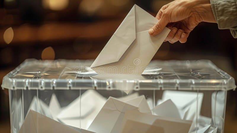 Hand Sliding a White Voting Envelope into a Clear Plastic Ballot Box ...
