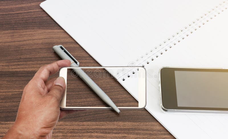 Hand with Smart Phone on Office Table Stock Photo - Image of relax ...