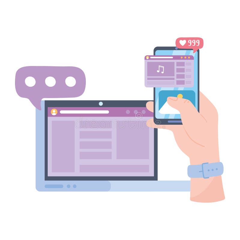 Hand with Smartphone Laptop Content Follow Chat Social Network ...