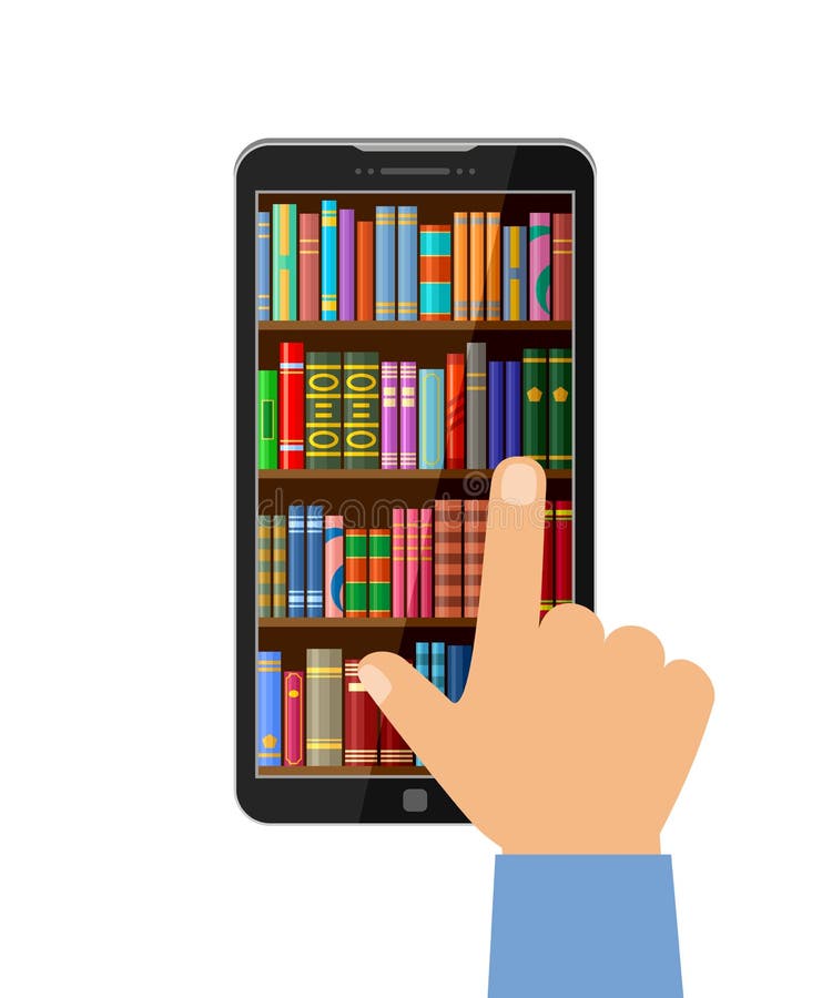 Hand on the Smartphone Screen with Digital Books Stock Vector ...
