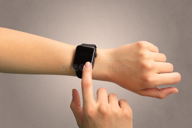 Hand with smartwatch stock photo. Image of operate, display - 93049254