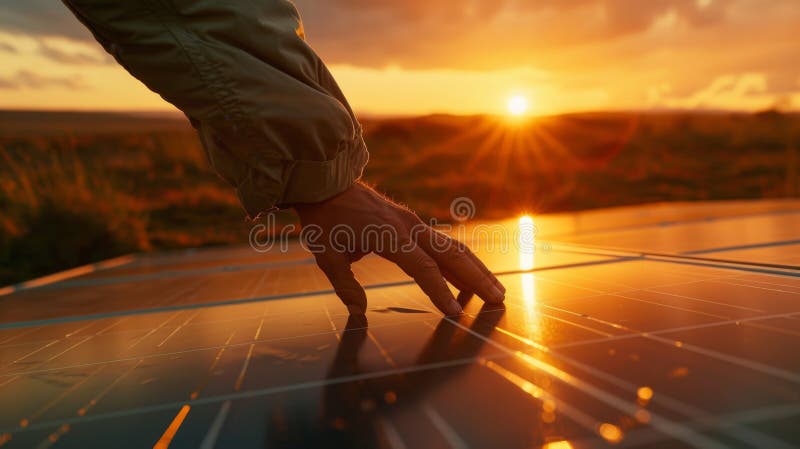 The Hand on Solar Panel.AI Generated Image Stock Photo - Image of field ...