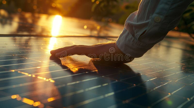 The Hand on Solar Panel. AI Generated Stock Photo - Image of clean ...
