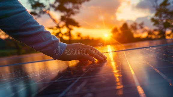 Hand on Solar Panel at Sunset.AI Generated Image Stock Photo - Image of ...