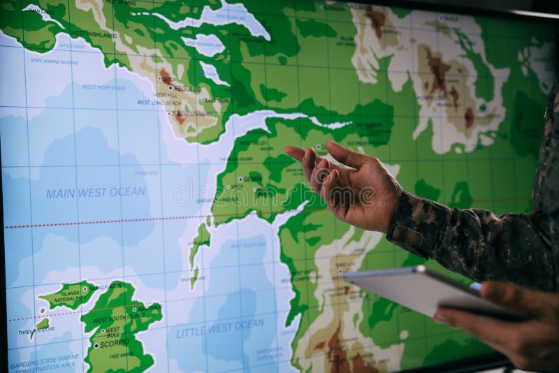 Hand of Soldier Pointing To Map on Electronic Screen Stock Image ...