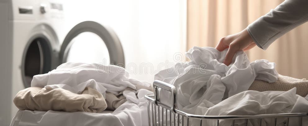 The Hand Sorting Freshly Laundered Clothes in a Modern Laundry Room..AI ...