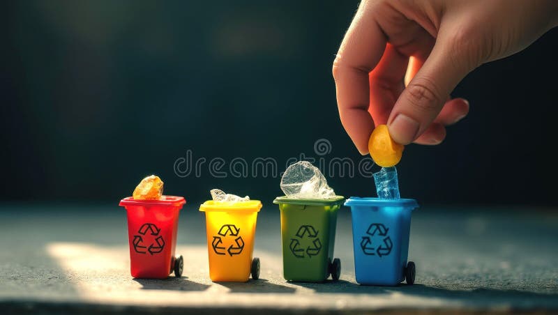 Hand Sorting Miniature Waste into Recycling Bins Dramatic Lighting ...