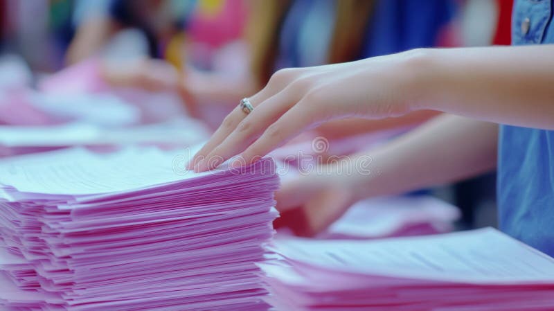 A Hand Sorting a Stack of Pink Papers Stock Photo - Image of light ...