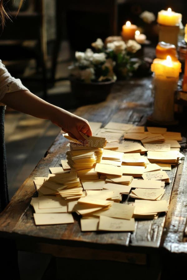 Hand Sorts Letters on Table with Candles and Flowers on Rustic Theme ...