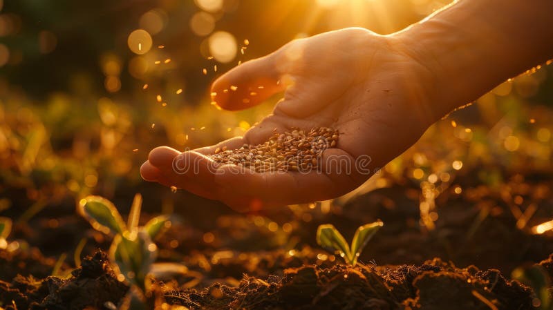 Hand Sowing Seeds in Soil at Sunset. Stock Image - Image of nature ...