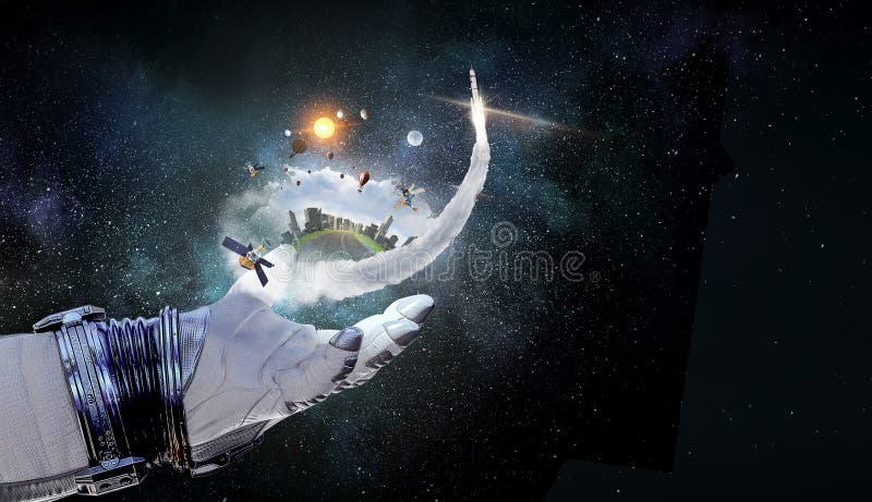 Hand of Spaceman. Mixed Media Stock Image - Image of dark, city: 121306285