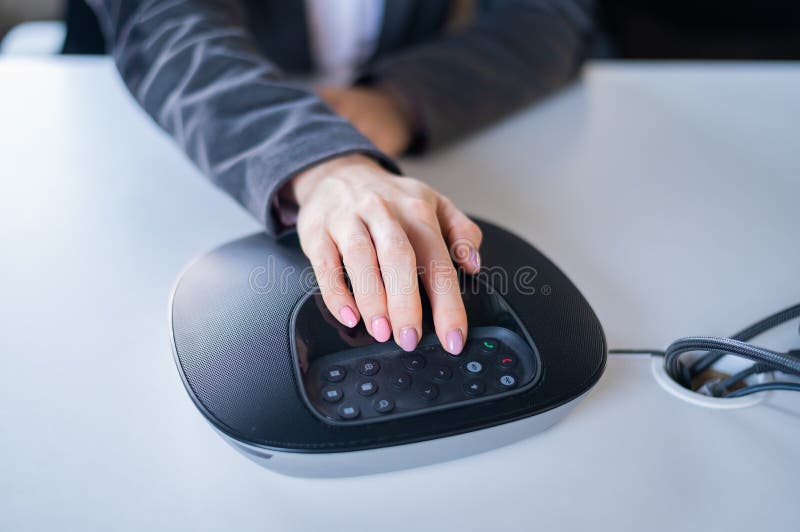 Hand on the Speaker Button. Business Woman Calling on the Conference ...