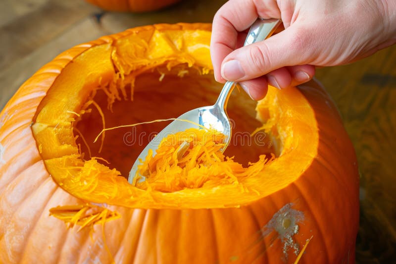 Hand with a Spoon Scooping Out the Inside of a Pumpkin Stock Image ...